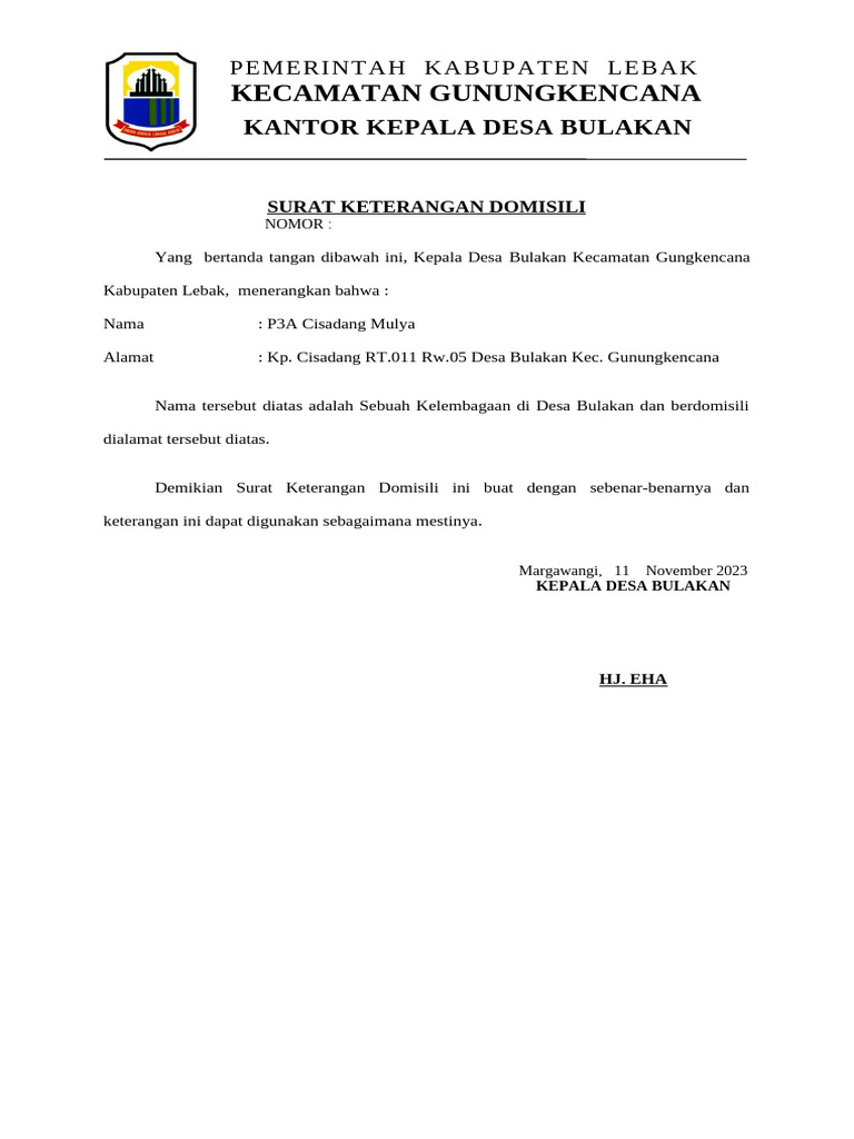 Surat Keterangan Domisili Desa Bulakan | PDF