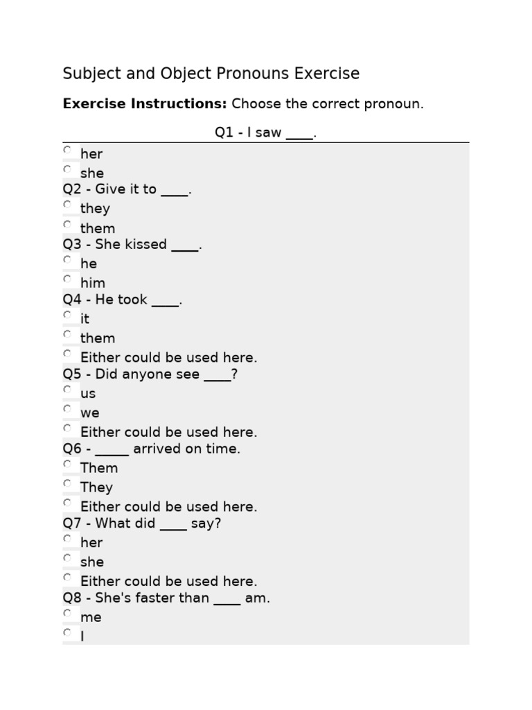 Subject and Object Pronouns Quiz | PDF