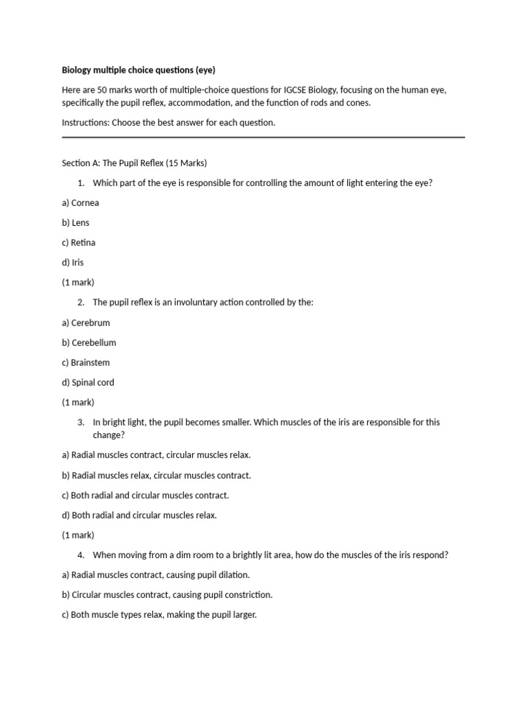 IGCSE Biology: Eye Function Questions | PDF | Retina | Visual Perception