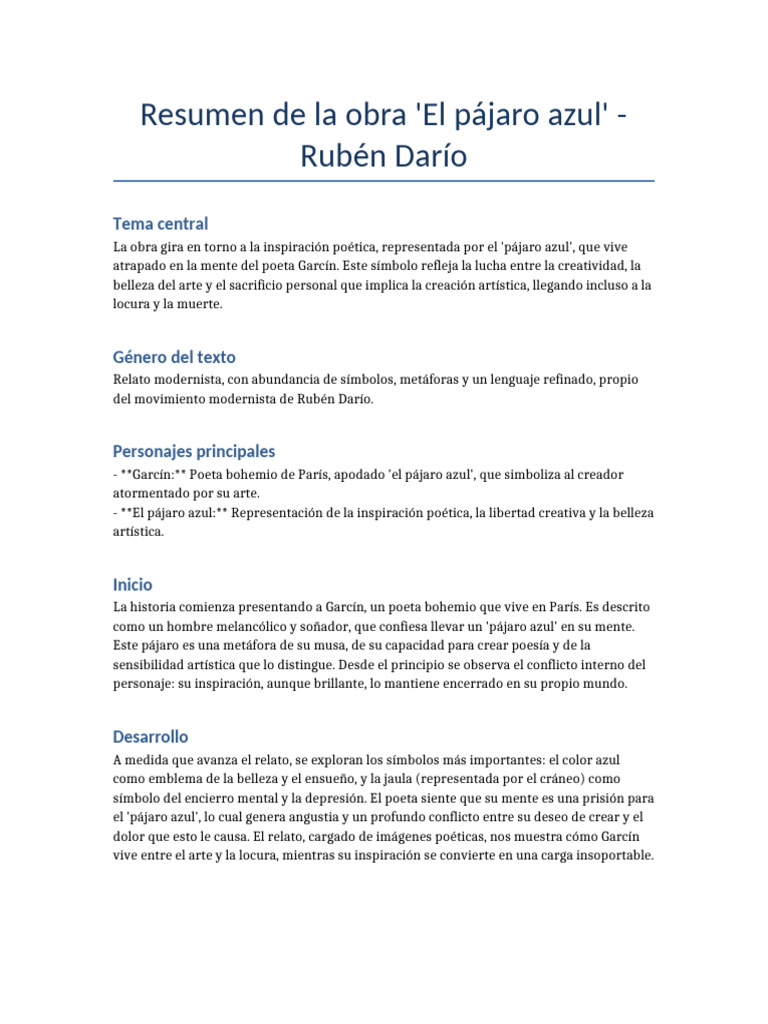 Resumen de "El pájaro azul" de Rubén Darío | PDF