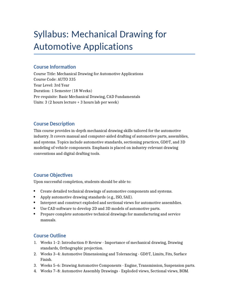 Mechanical Drawing Automotive Syllabus | PDF | Technical Drawing ...