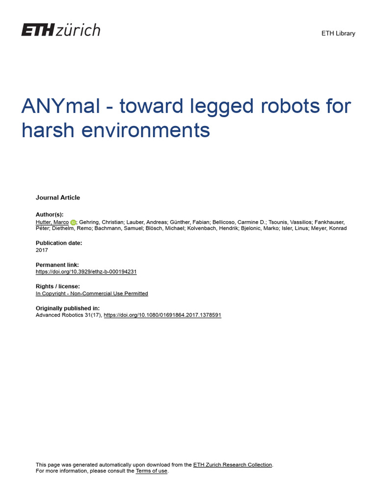 ANYmal - Toward Legged Robots For Harsh Environments | PDF | Actuator | Robotics