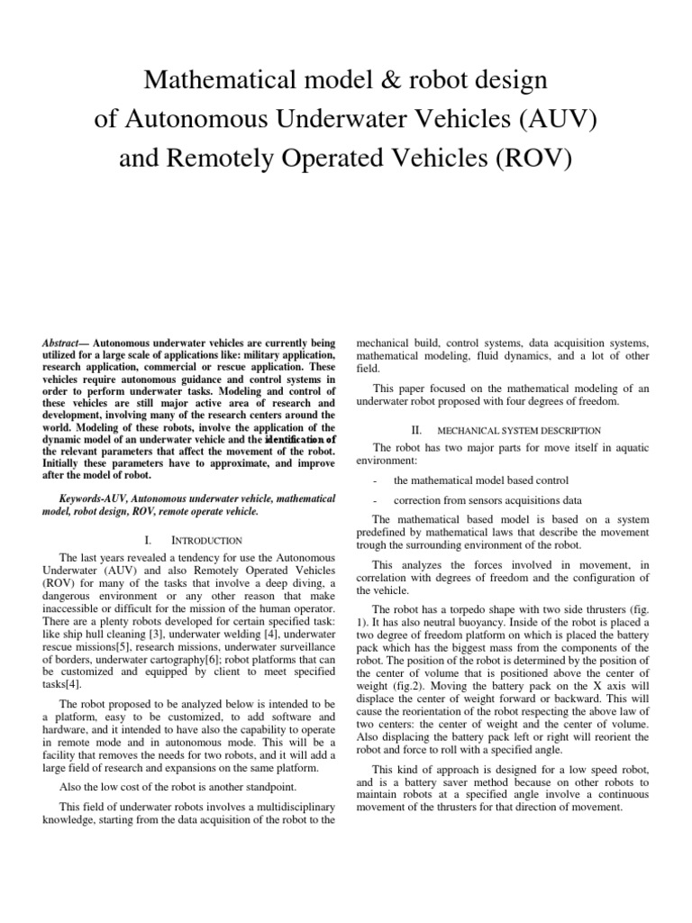 Mathematical Model & Robot Design of Autonomous Underwater Vehicles ...