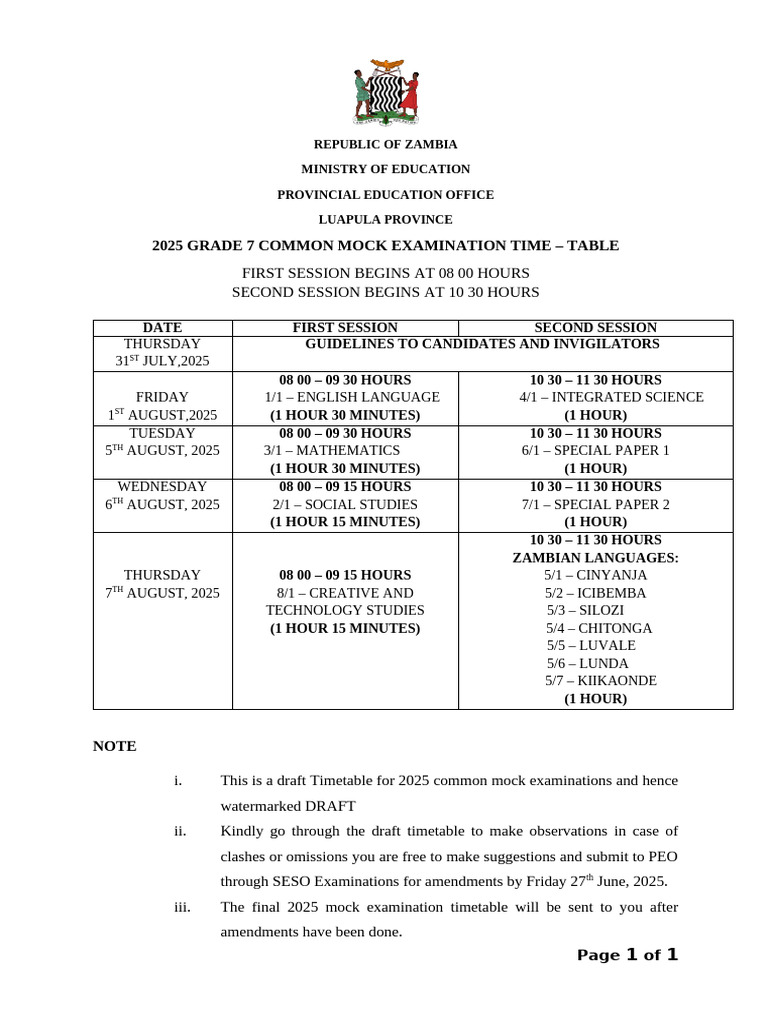 Grade 7 Mock Exam Timetable 2025 | PDF