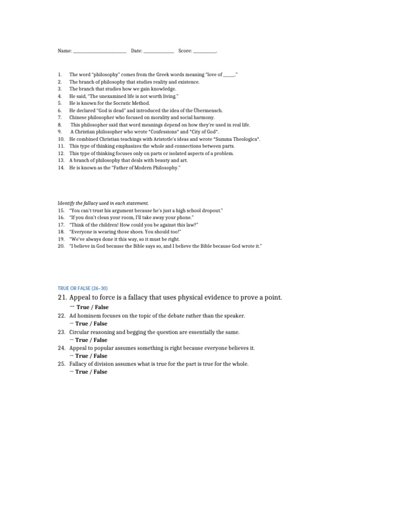 Philosophy Identification Quiz | PDF