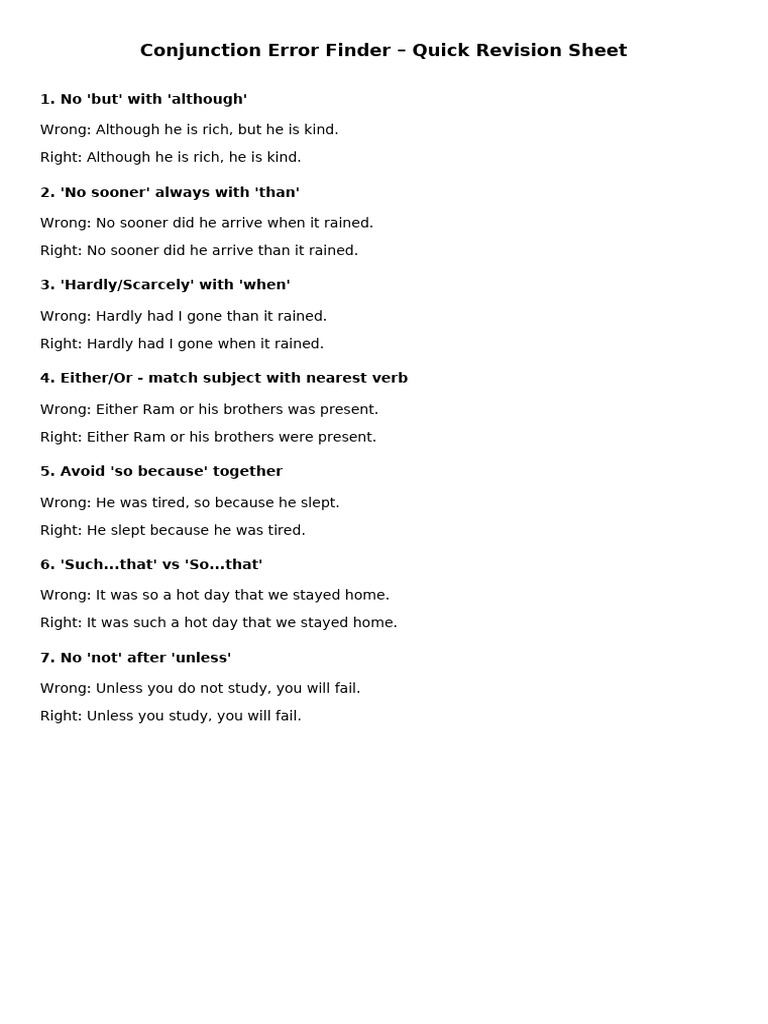 Conjunction Error Finder Quick Sheet | PDF