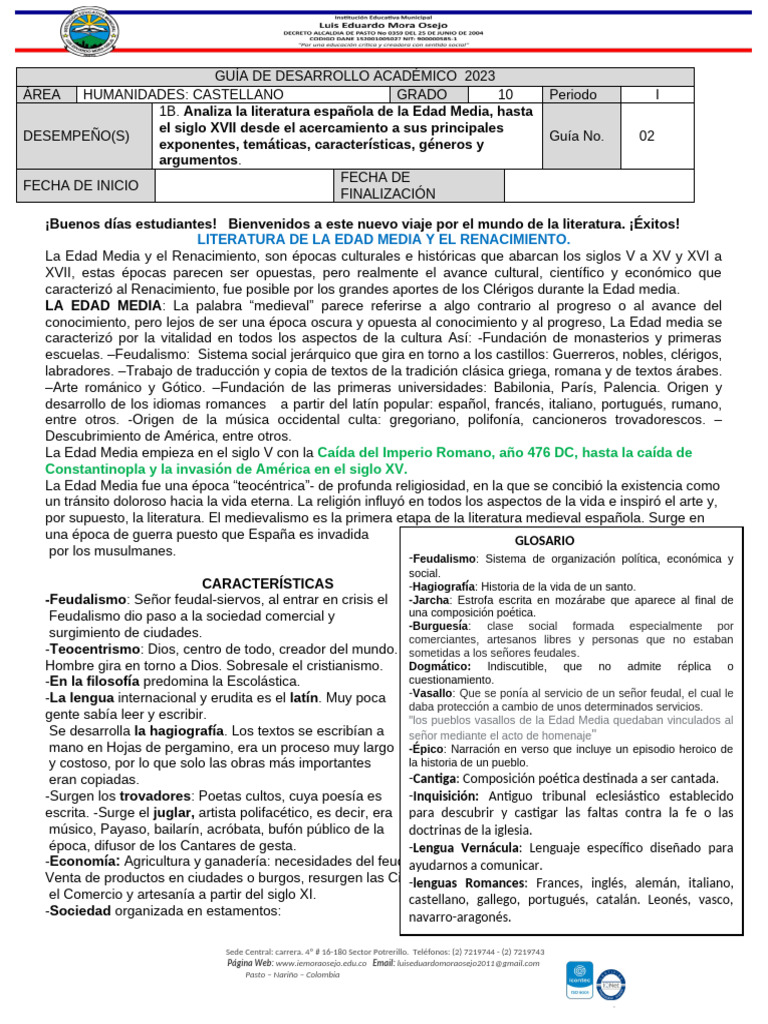 GUÍA No 2 LA EDAD MEDIA Y EL RENACIMIENTO - GRADO 10mo - 2023 1ER P | PDF | Renacimiento | Poesía