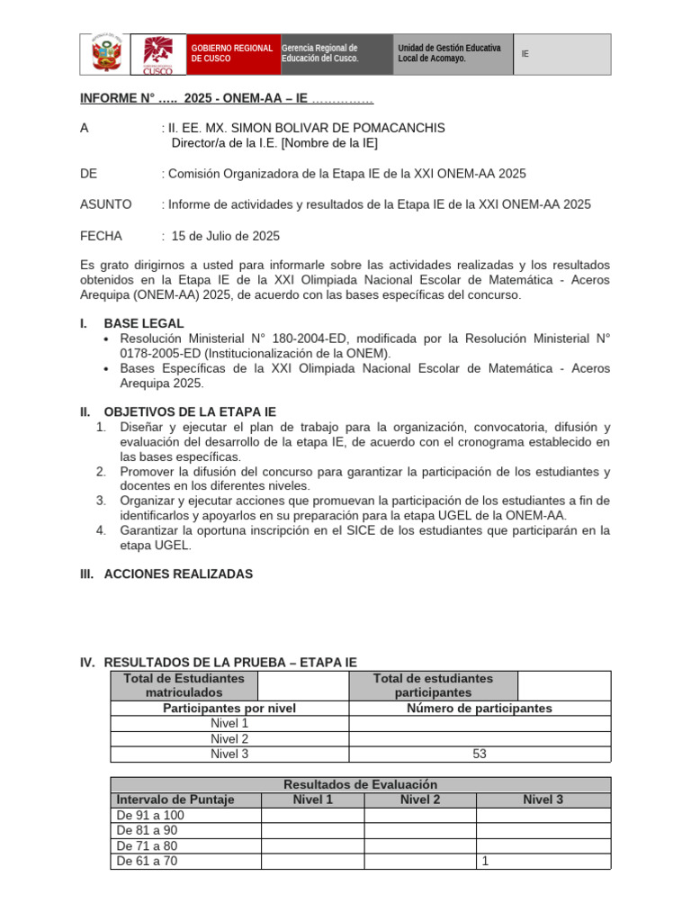 Informe Etapa IE ONEM 2025 | PDF