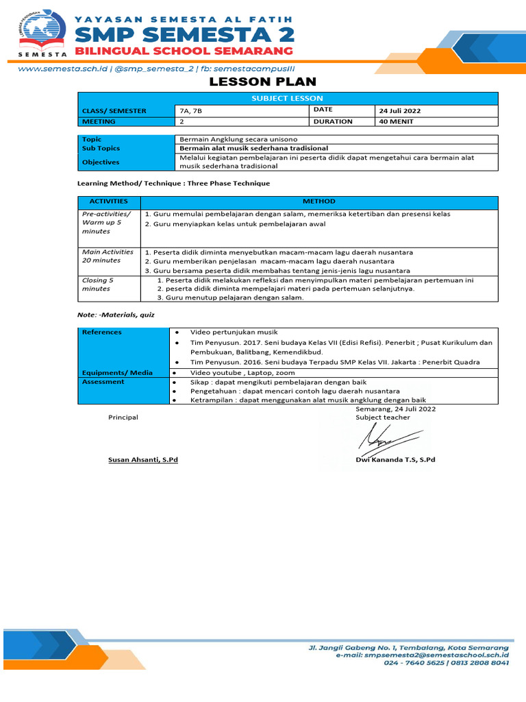 Kelas 7 (2) Lesson Plan 2022-2023 | PDF