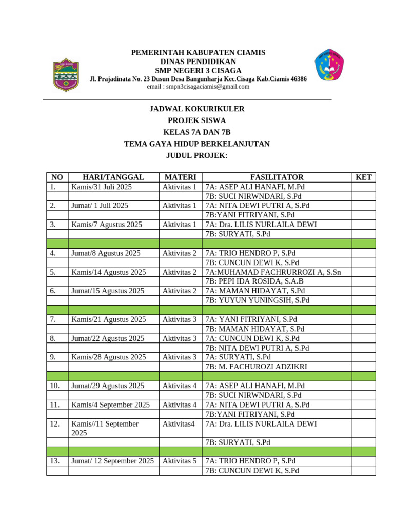 Jadwal p5 Kelas 7 2025.2026 | PDF