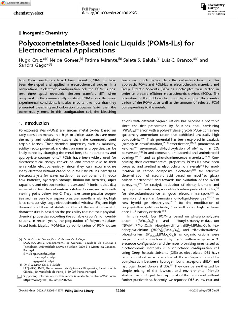 ChemistrySelect - 2020 - Cruz - Polyoxometalates Based Ionic Liquids ...