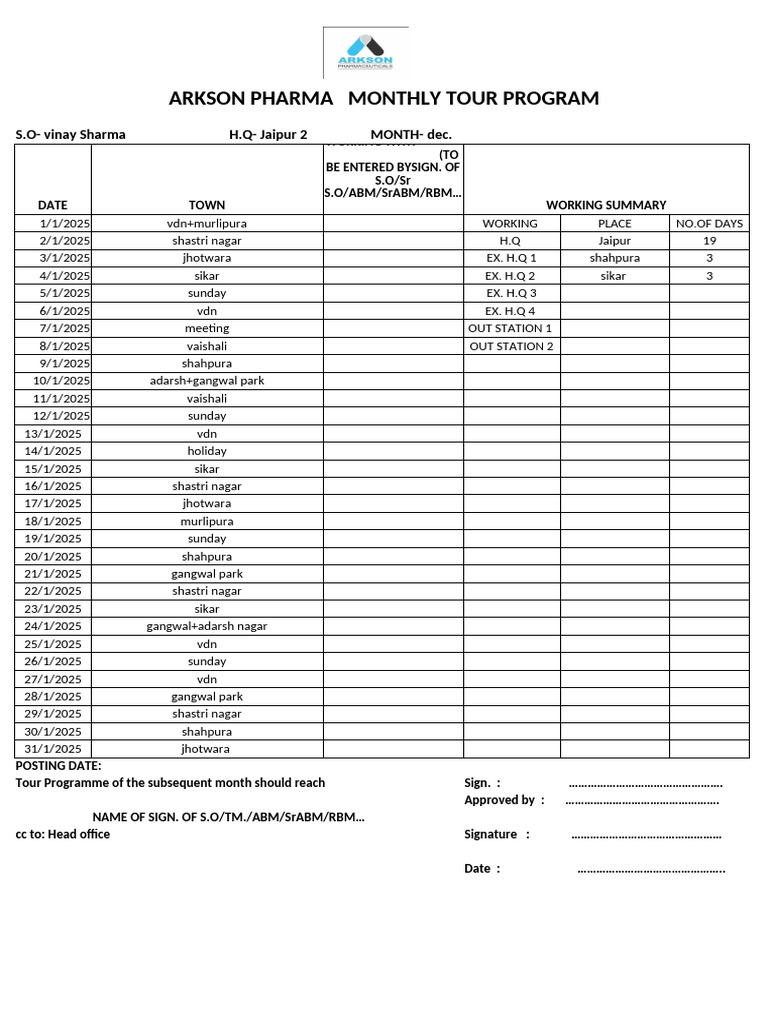 Arkson Pharma December Tour Schedule | PDF