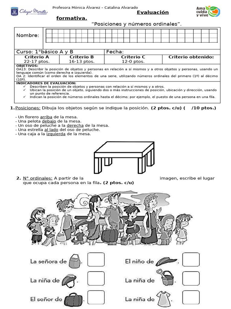 Evaluación Formativa Posiciones y Números Ordinales | PDF
