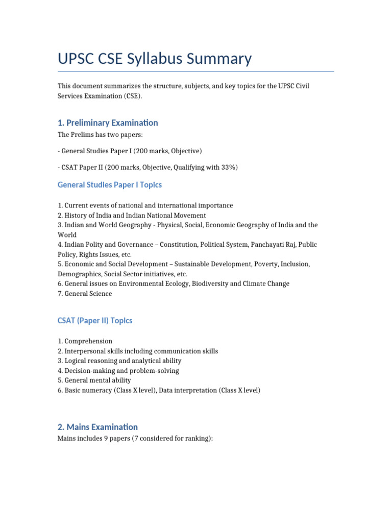 UPSC CSE Detailed Syllabus Overview | PDF