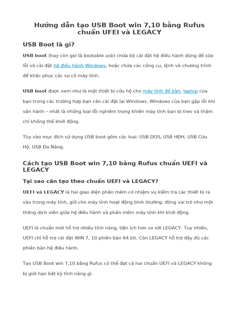 Hướng Dẫn Tạo USB Boot Win 7,10 Bằng Rufus Chuẩn UFEI Và LEGACY | PDF