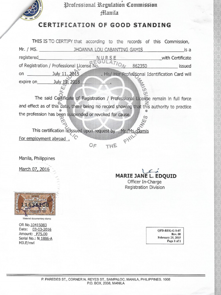 PRC Cert of Good Standing | PDF