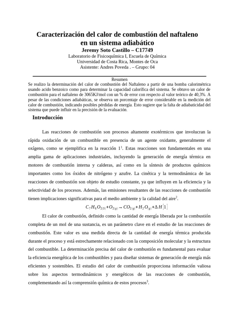 Calor de combustión del naftaleno en adiabático | PDF | Combustión | Calor