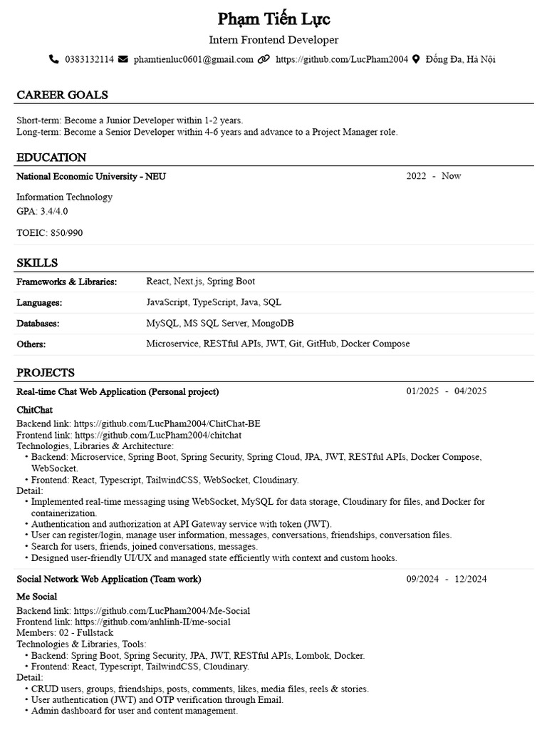 Phạm Tiến Lực - Frontend Intern | PDF | Java Script | Web Application