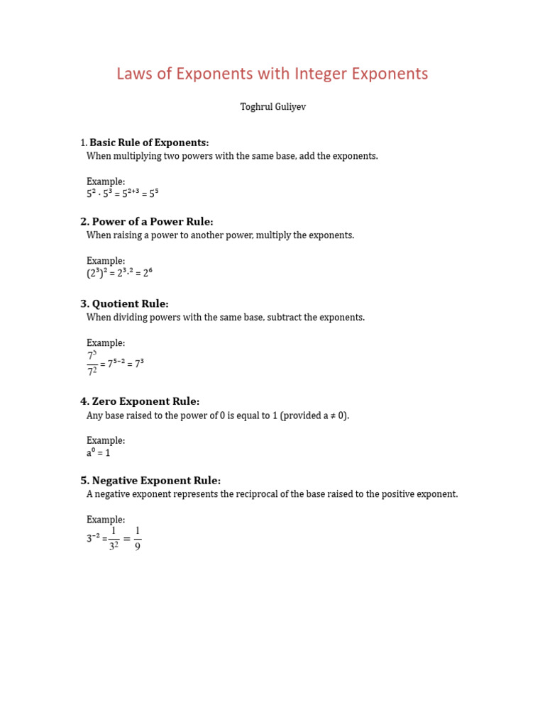 Topic 1.5 Laws of Exponents With Integer Exponents | PDF