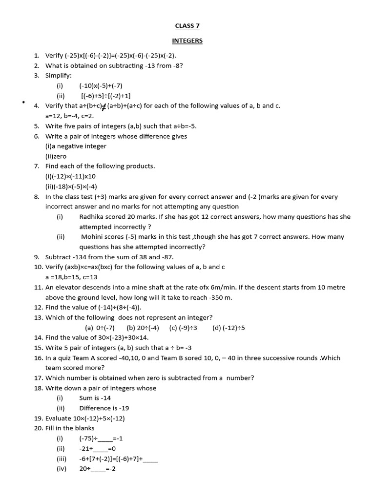 CLASS 7 Worksheet (Integers) | PDF