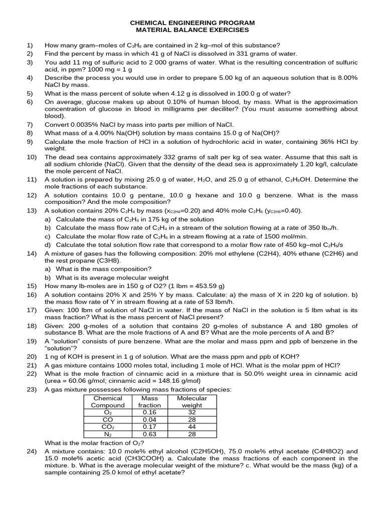 Chemical Engineering Material Balance Exercises | PDF | Mole (Unit ...