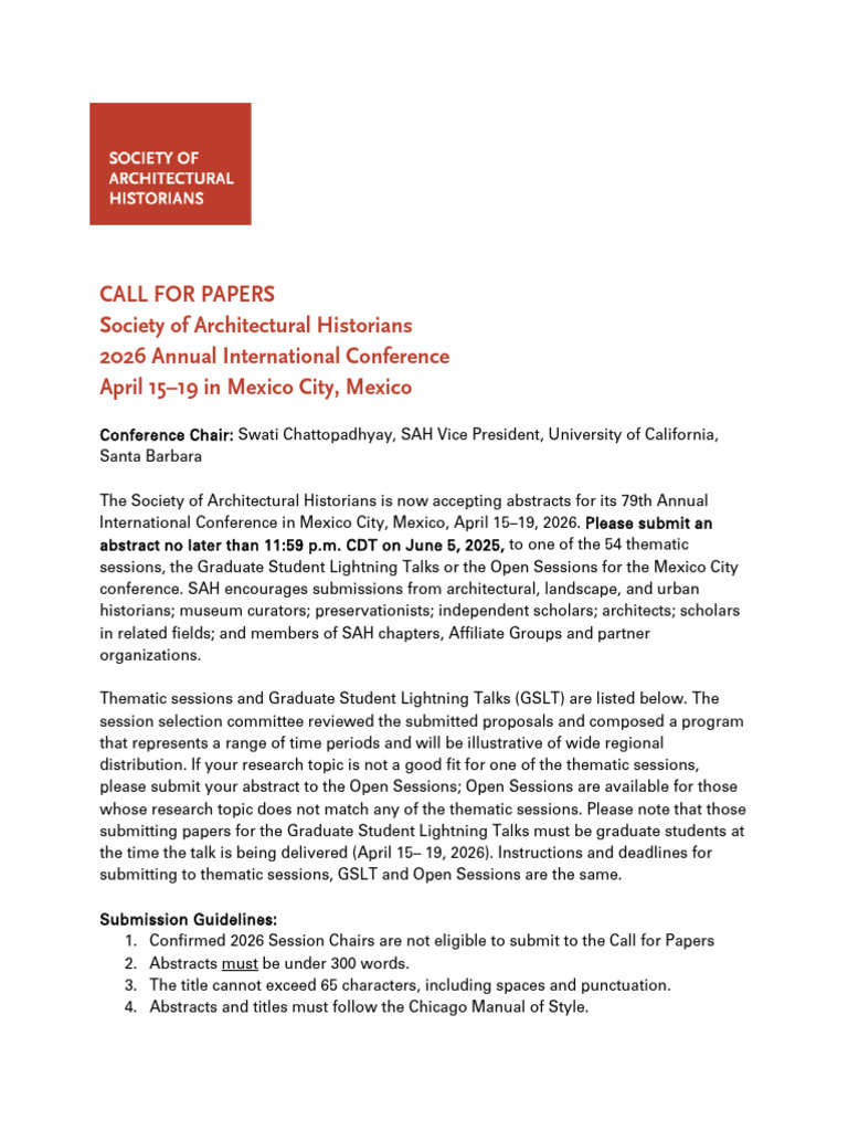 Call for Papers: SAH 2026 Conference | PDF