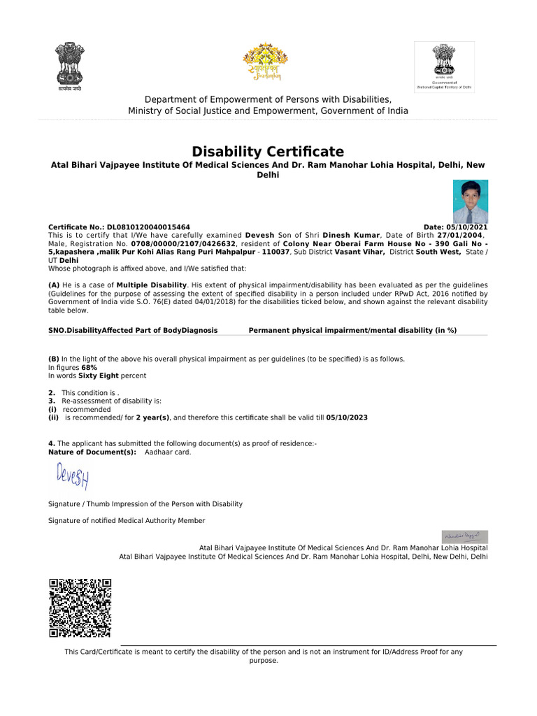 Disability Certificate for Multiple Disabilities | PDF | Disability ...