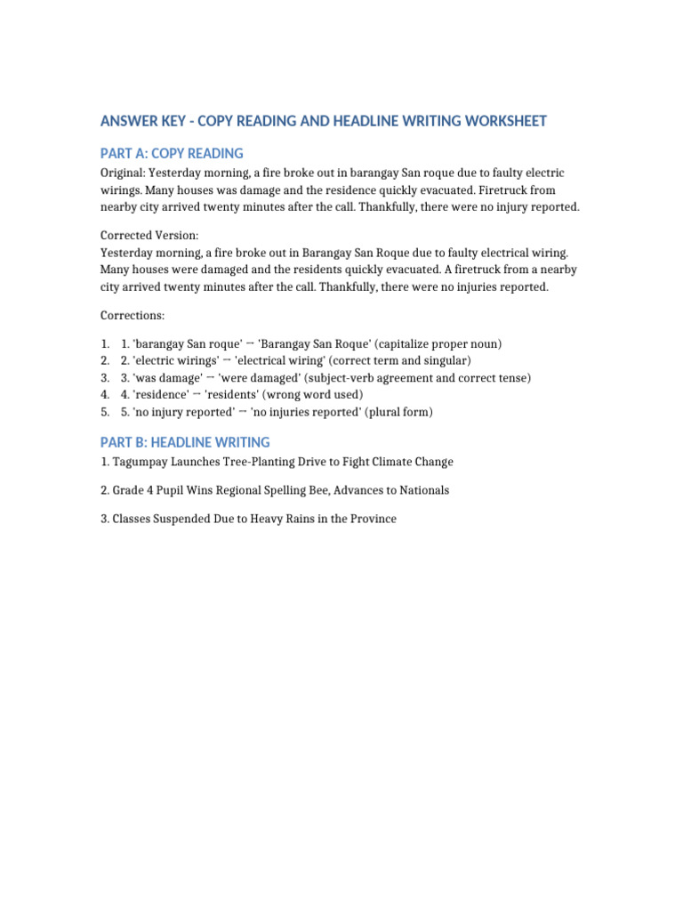 Answer Key Copy Reading and Headline Writing | PDF