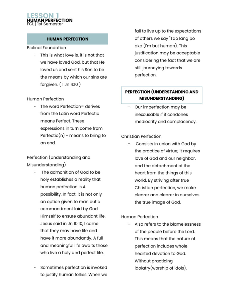 Lesson 1 Human Perfection | PDF | Perfection | Idolatry