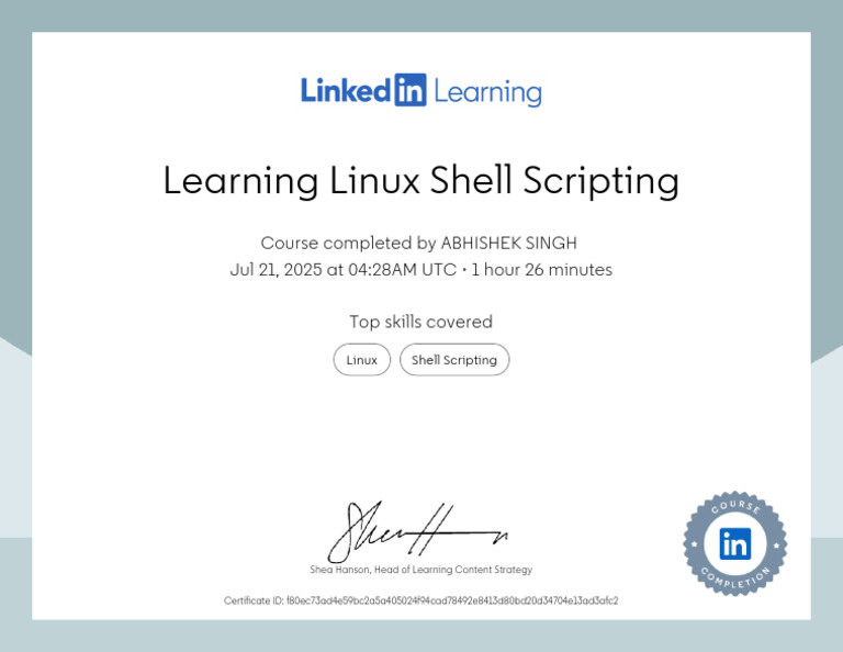 Linux Shell Scripting Course Completion | PDF