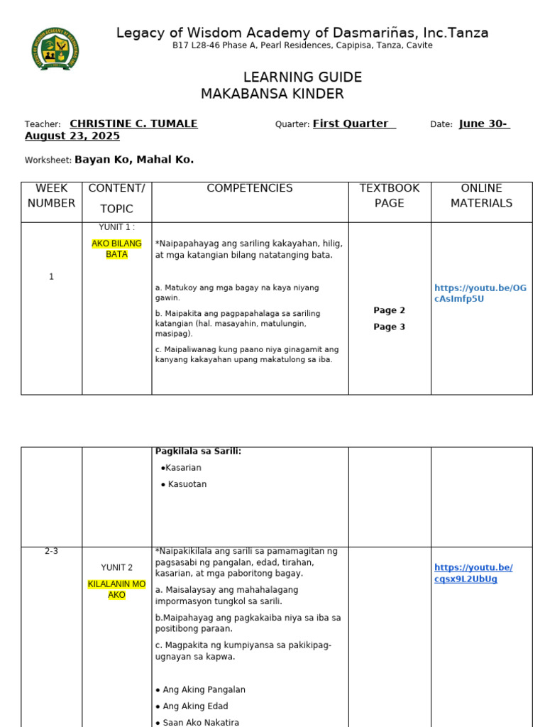 Learning Guide-Makabansa Kinder - 1st Quarter | PDF