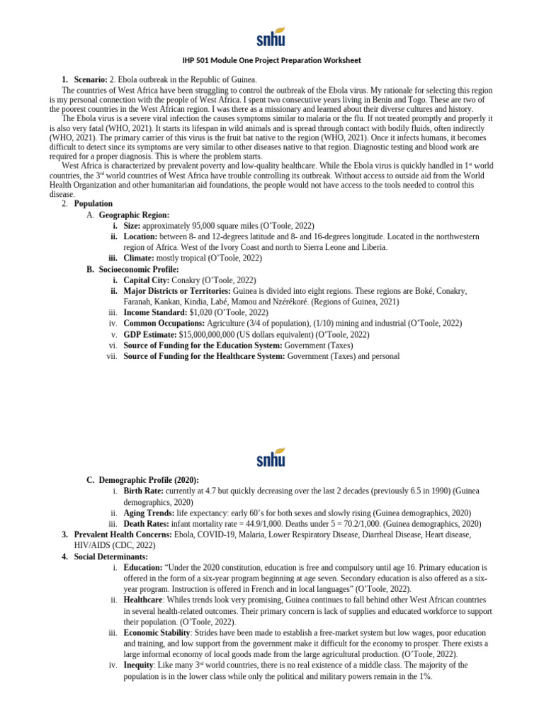 IHP 501 Module 1 Project Preparation Worksheet | PDF | Guinea | Human Diseases And Disorders
