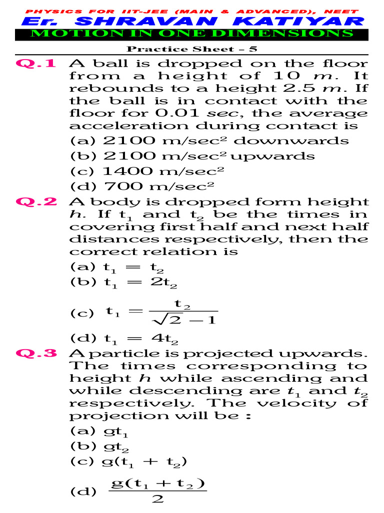 5 - Motion in One Dimension Practice Sheet | PDF