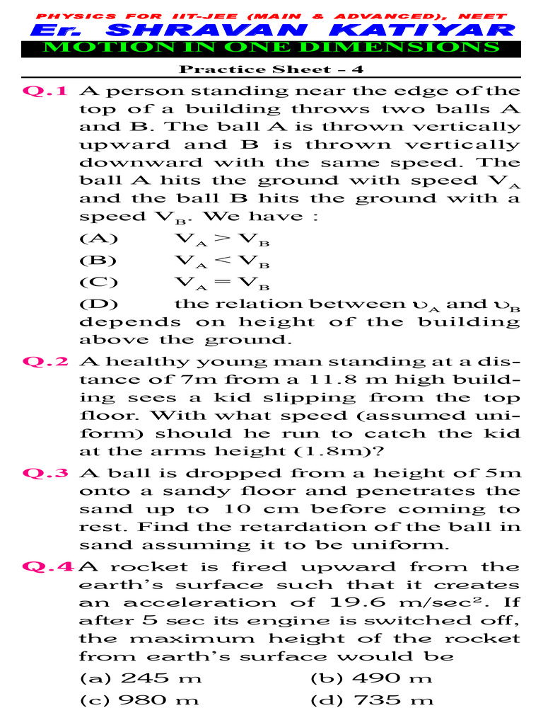 4 - Motion in One Dimension Practice Sheet | PDF