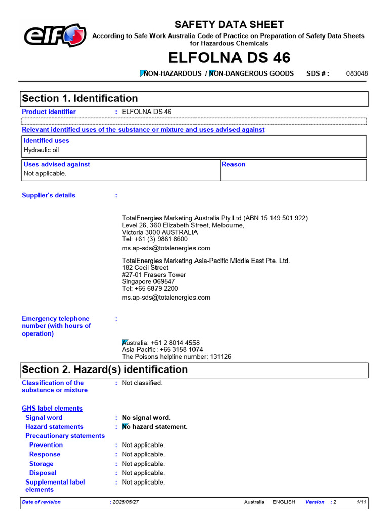 Sds Elfolna Ds 46 GCL - Australia - English - SG | PDF | Toxicity | Oxide