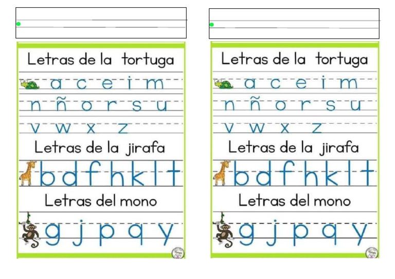 11 Letras Del Abecedario Vertical Tortuga Jirafa y Mono | PDF