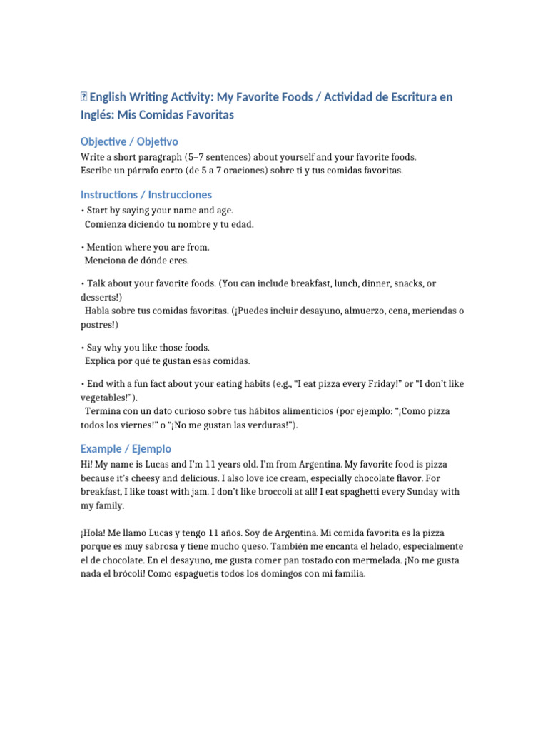 Favorite Foods Writing Activity | PDF