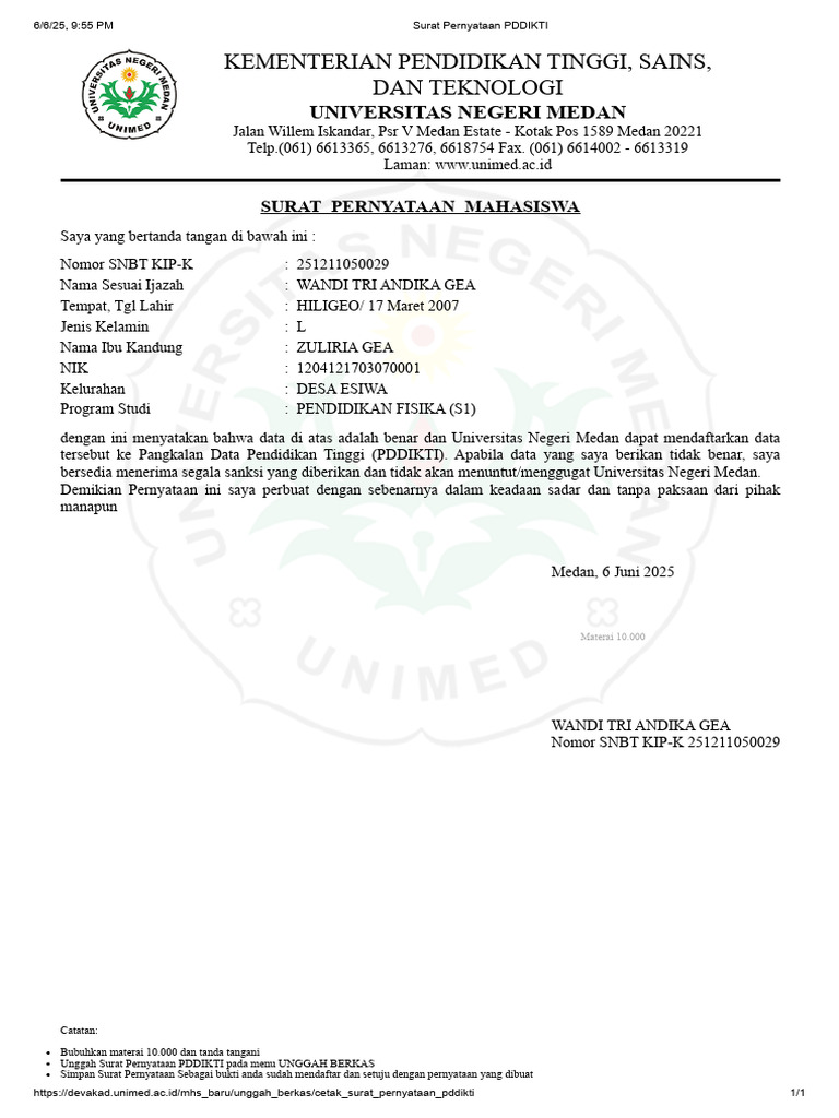 Surat Pernyataan PDDIKTI | PDF