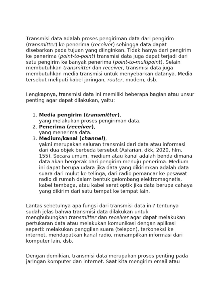 Transmisi Data Adalah Proses Pengiriman Data Dari Pengirim | PDF