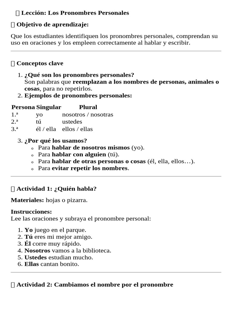 Ejercicios de Pronombres Personales | PDF | Pronombre