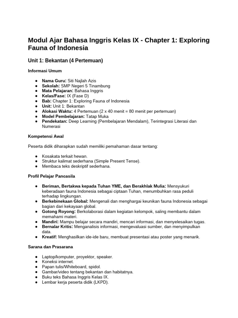 Modul Ajar Chapter 1 Unit 1 Bekantan | PDF
