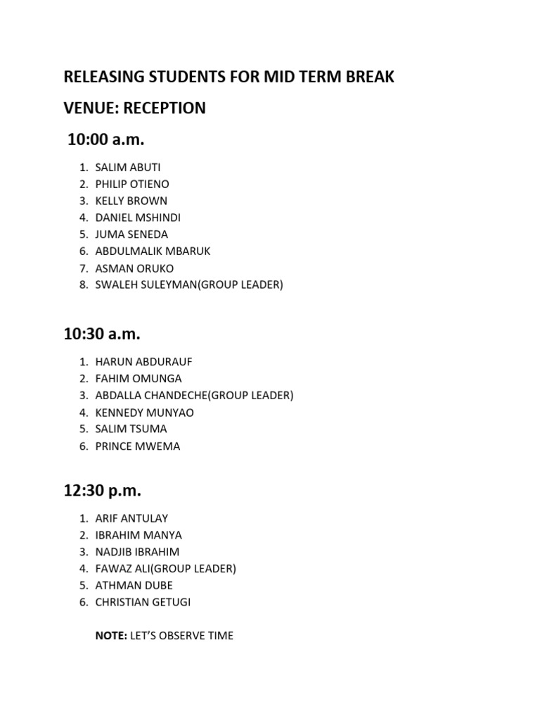 Releasing Students For Mid Term Break | PDF