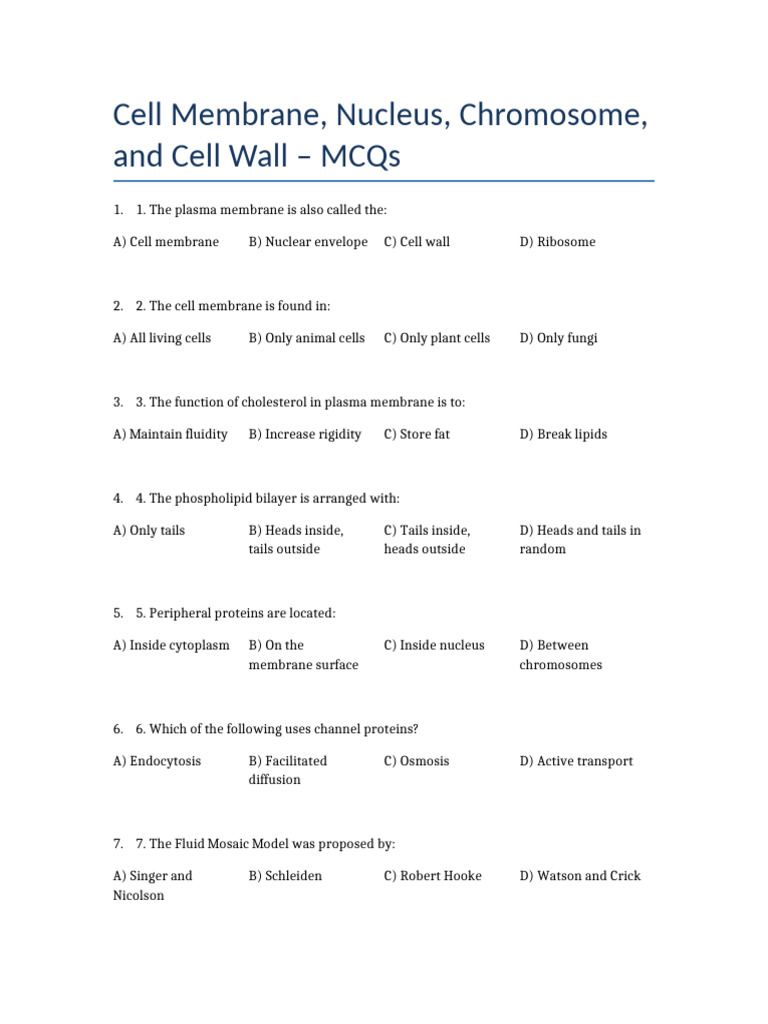Cell Structure MCQs: Membrane, Nucleus, Wall | PDF | Cell Membrane ...