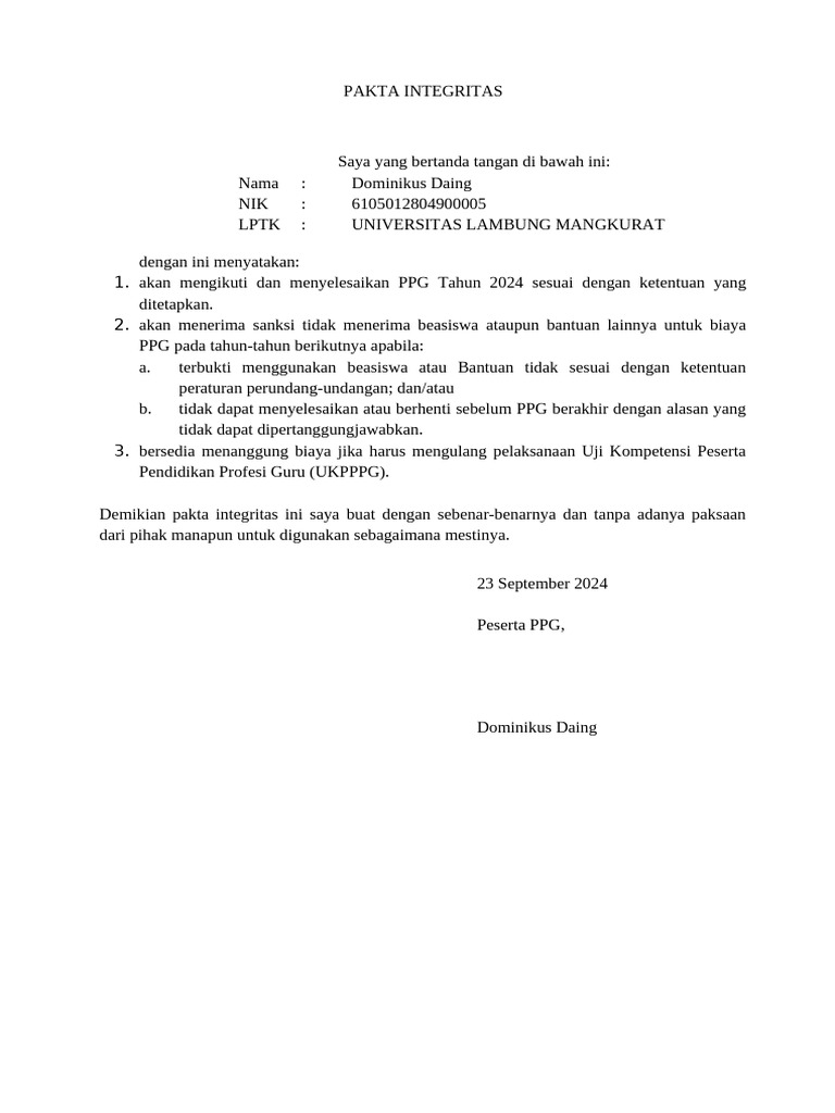 2024 Pakta Integritas Piloting 2 | PDF