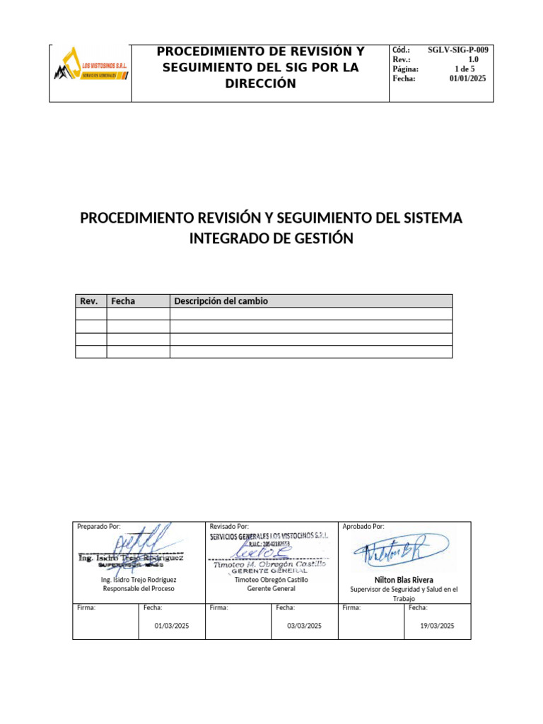 SGLV-SIG-P-007 Revisión y Seguimiento Del SIG Por La Dirección | PDF ...