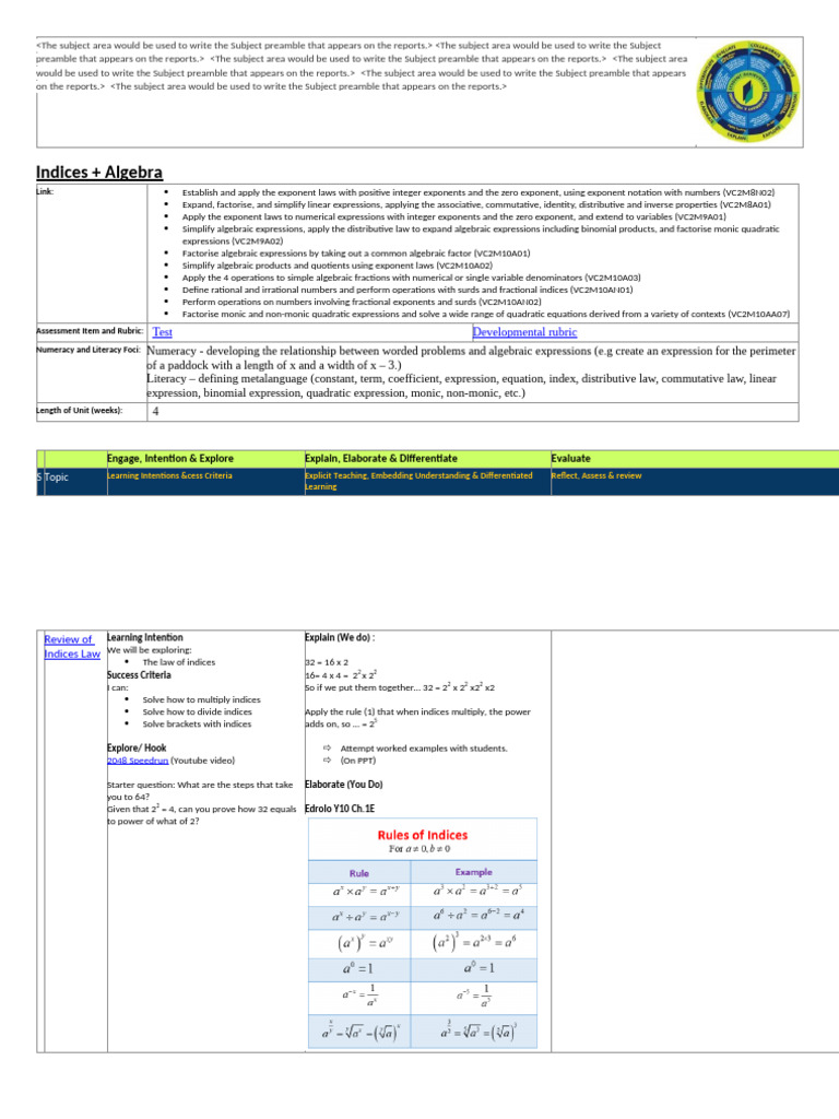 Indices and Algebra Curriculum Overview | PDF | Quadratic Equation ...