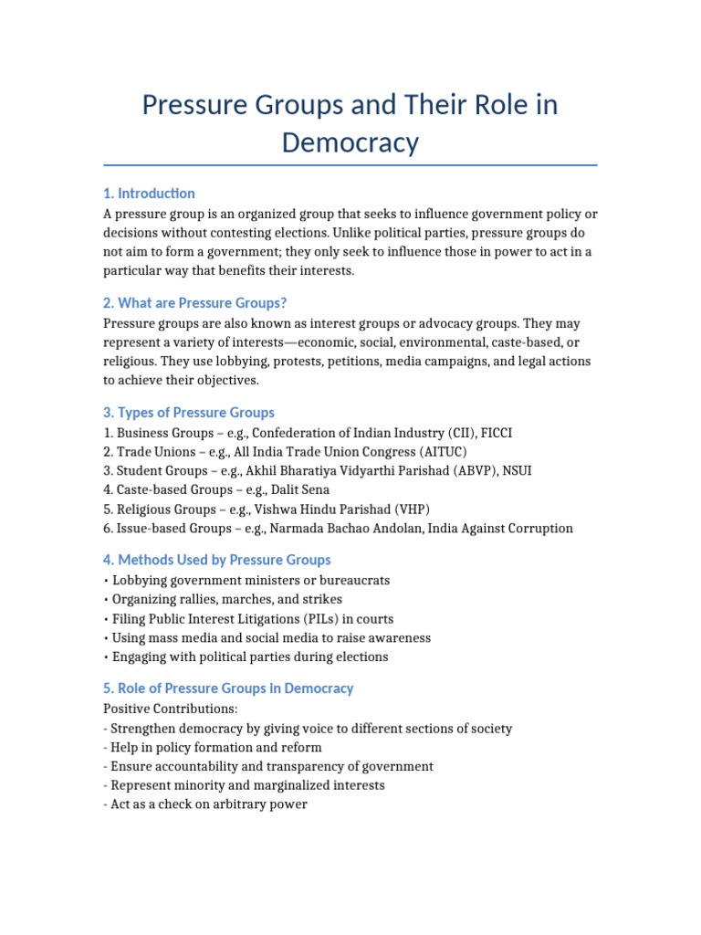 Role of Pressure Groups in Indian Democracy | PDF | Advocacy Group ...