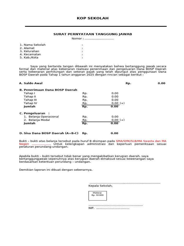 Contoh Surat SPJ Sekolah BOSP Daerah | PDF