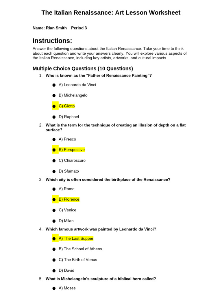 The Italian Renaissance: Art Lesson Worksheet | PDF | Renaissance Art ...
