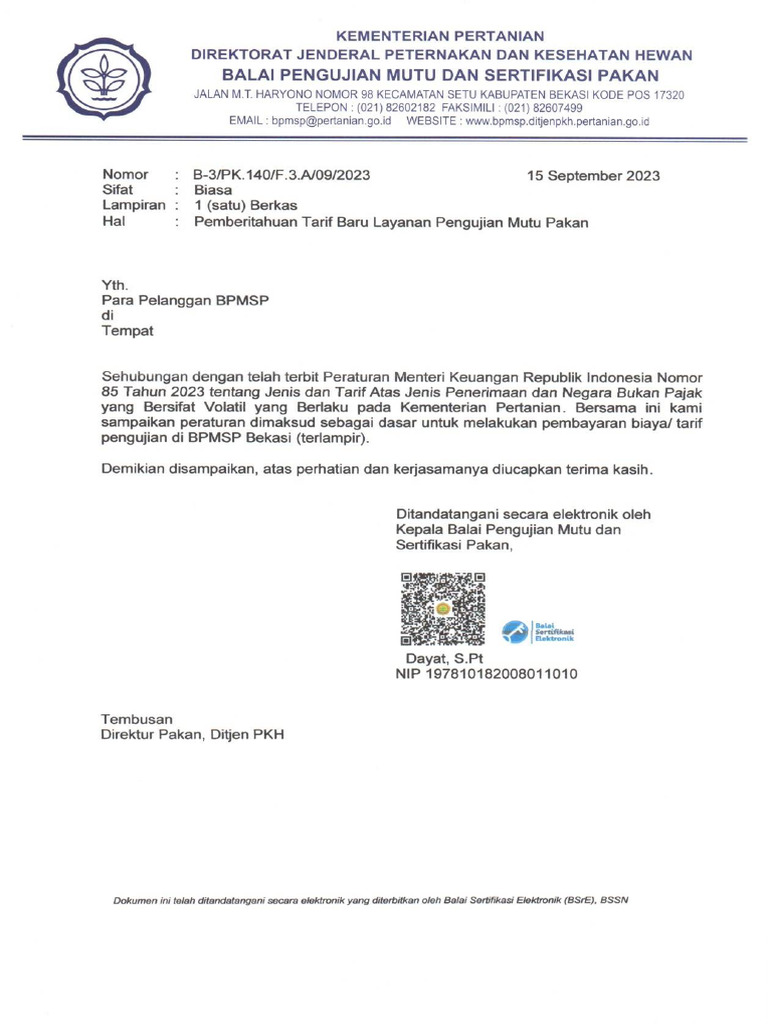 Pemberitahuan Tarif Baru Layanan Pengujian Mutu Pakan BPMSP | PDF